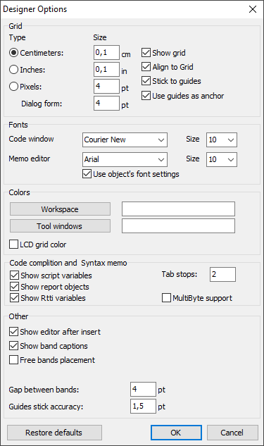 Designer Options Fastreport Vcl